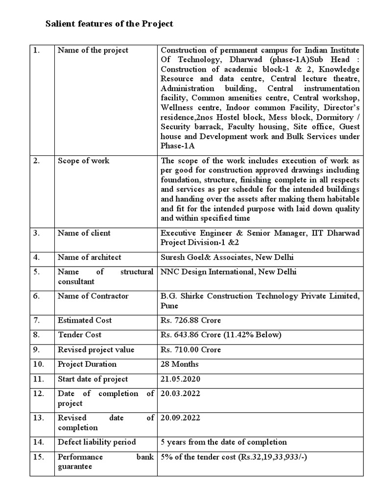 Salient Features of The Project | PDF | Concrete | Cement