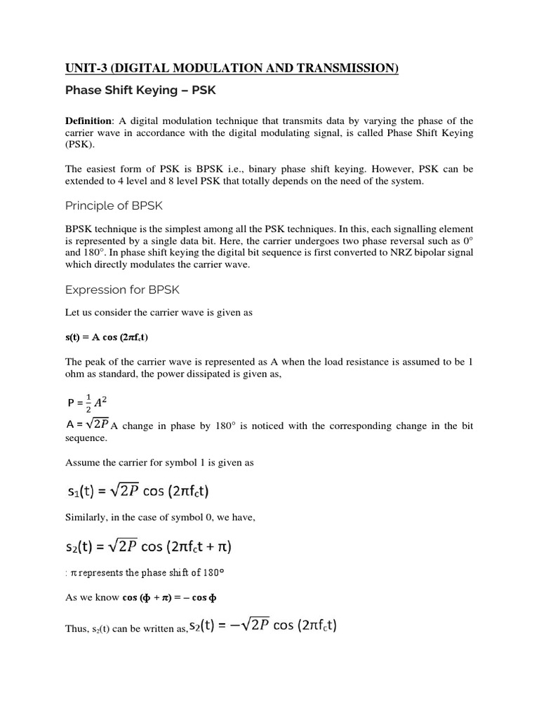 Phase Shift Keying - PSK: Unit-3 (Digital Modulation and Transmission ...
