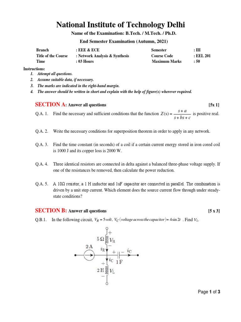 EEL 201 - ES - Question Paper NIT DELHI | PDF | Electrical Network ...