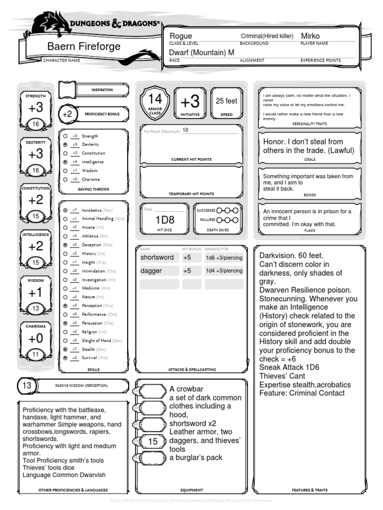 DND - 5E - CharacterSheet - Baern Fireforge | PDF | Gaming | Fantasy ...