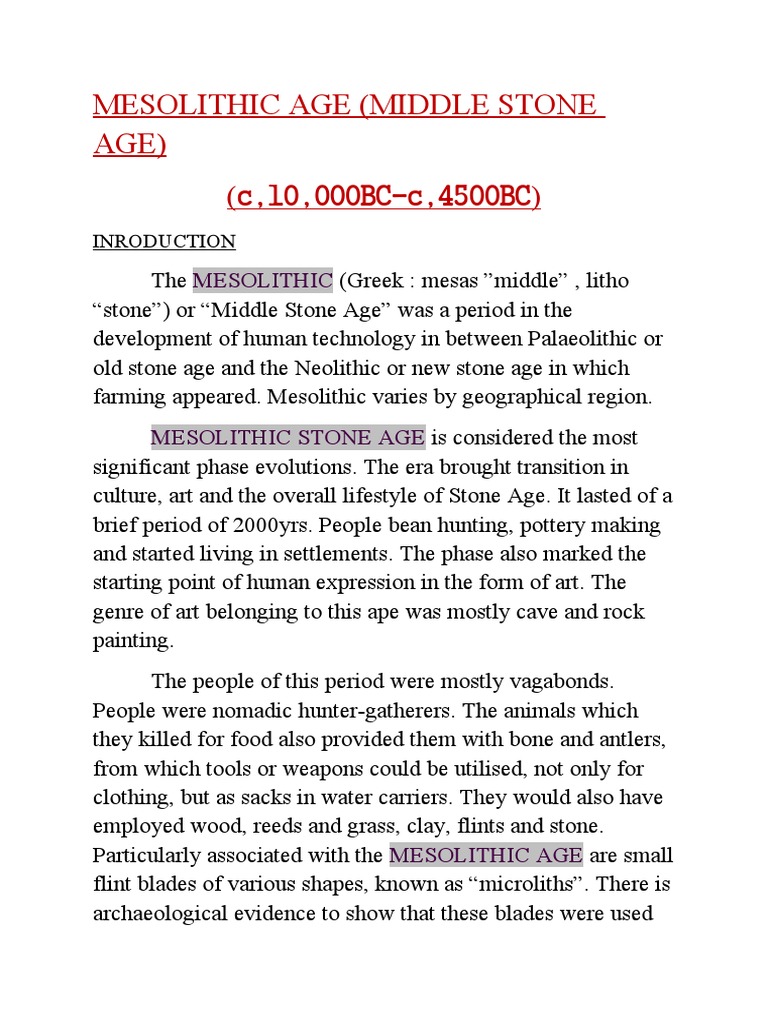 Mesolithic Age (Middle Stone Age) (C, 10,000BC-c, 4500BC) | PDF | Stone ...
