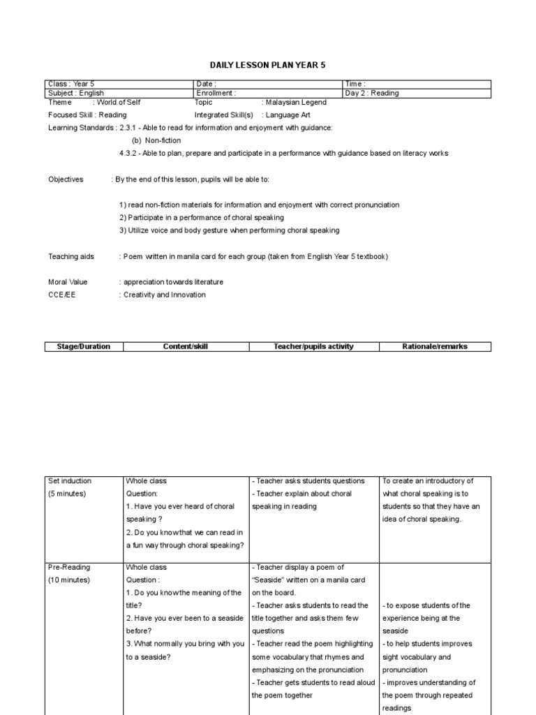 Year 5 English Lesson Plan: Choral Speaking | PDF | Teachers | Lesson Plan