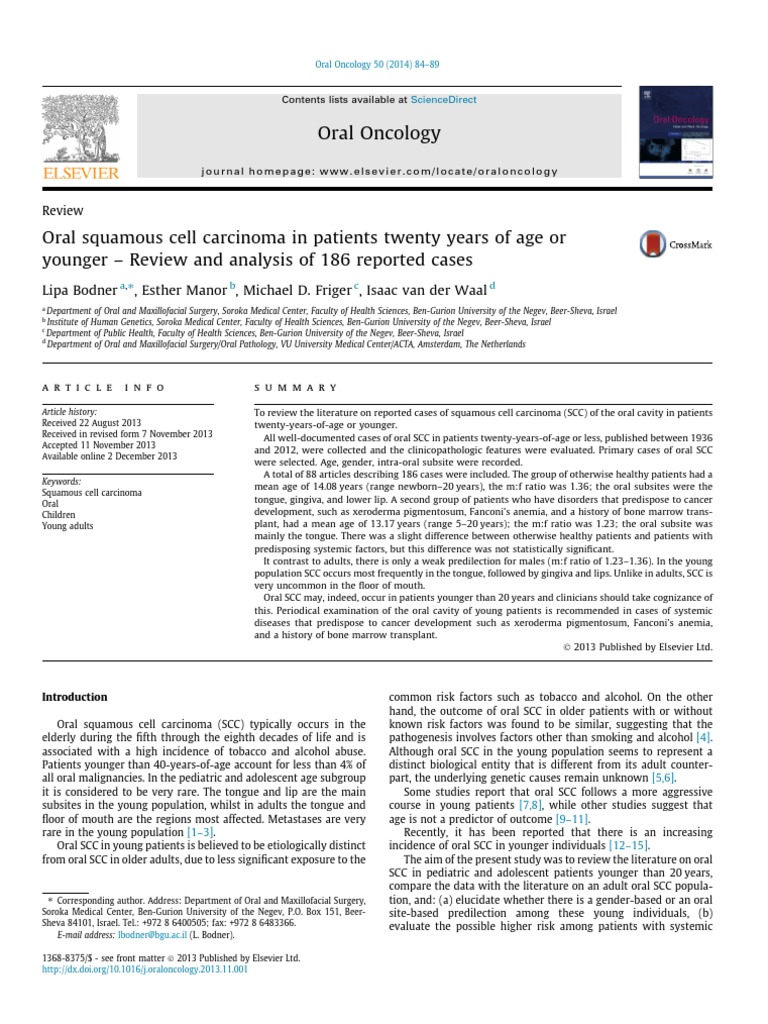 Oral Squamous Cell Carcinoma in Patients Twenty Years of Age or | PDF ...