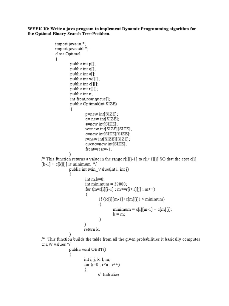 WEEK 10: Write A Java Program To Implement Dynamic Programming Algorithm For The Optimal Binary ...