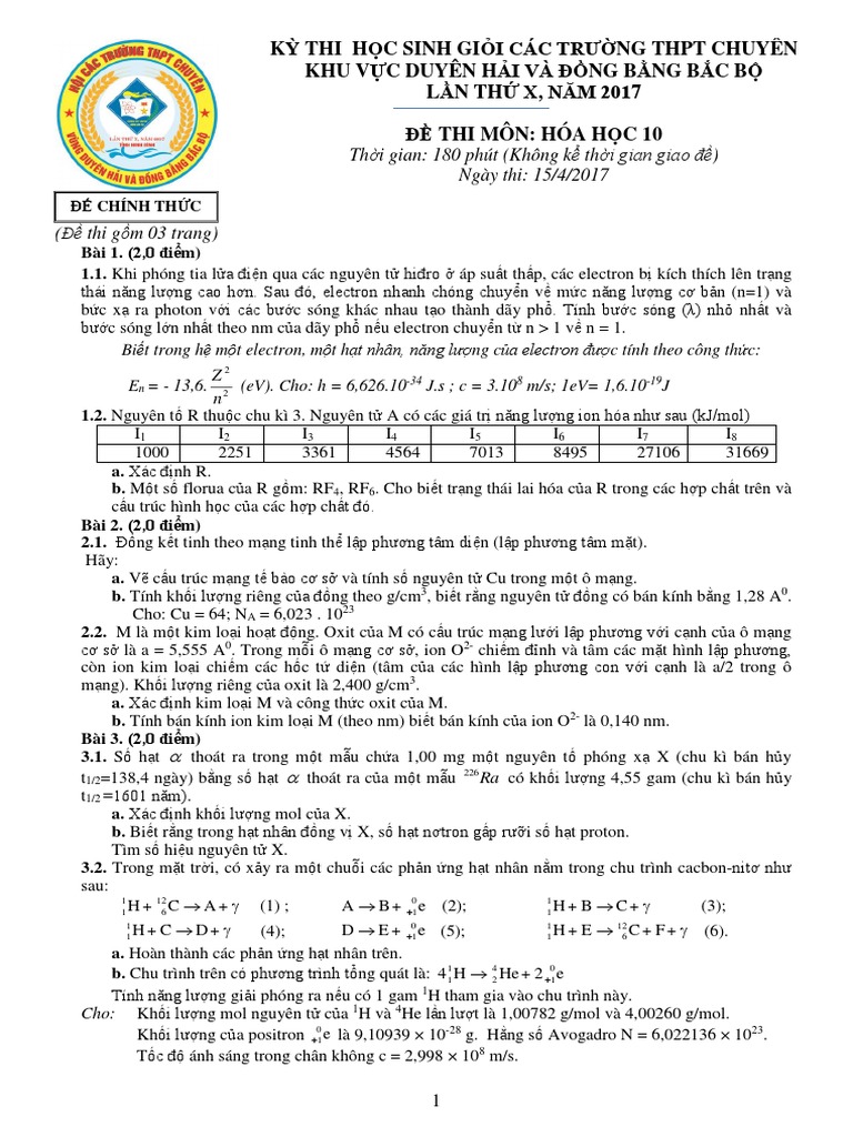 De Thi HSG Lop 10 2016 2017 Duyen Hai Hoa Hoc | PDF