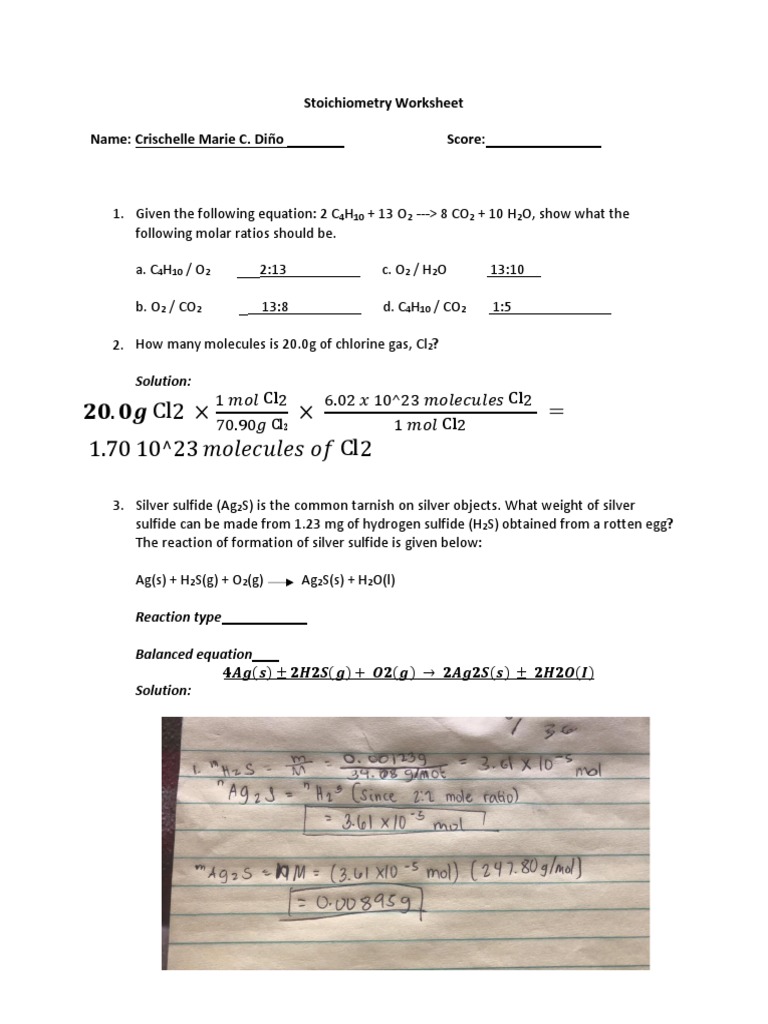 Stoichiometry Worksheet6-1 | PDF | Chlorine | Chemical Reactions