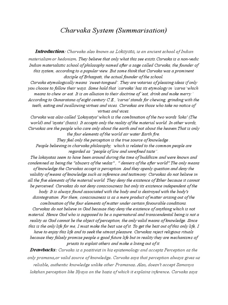 Charvaka System (Summarisation) | PDF | Eastern Philosophy ...