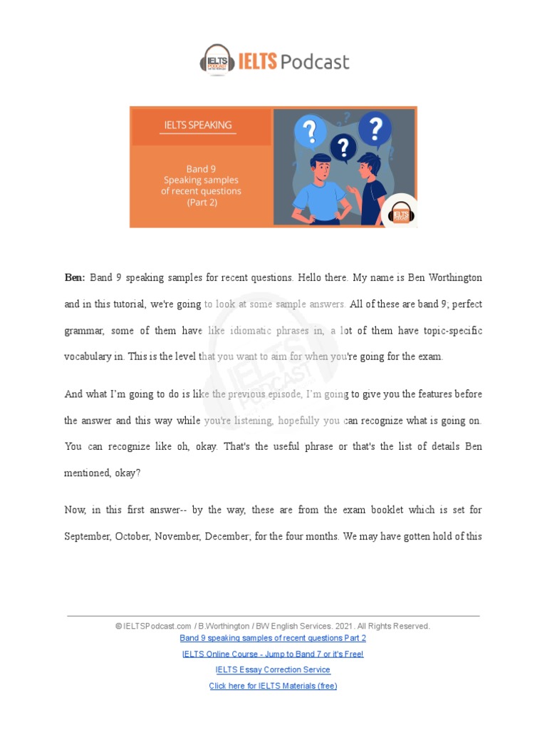 Transcript 495 App Band 9 Speaking Samples of Recent Questions Part 2 ...