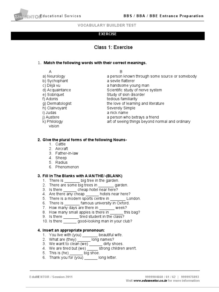 Class 1: Exercise: Vocabulary Buiilder Test | PDF | Linguistics | Syntax