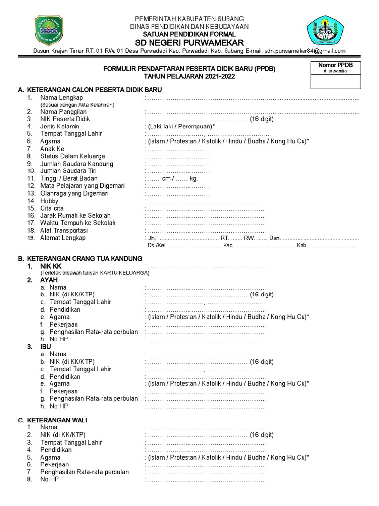 Formulir PPDB SD Purwamekar | PDF