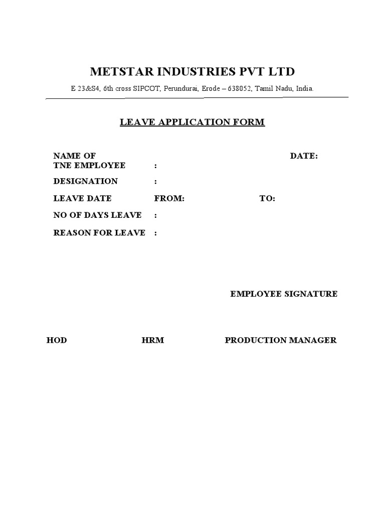 Metstar Industries PVT LTD: Leave Application Form | PDF