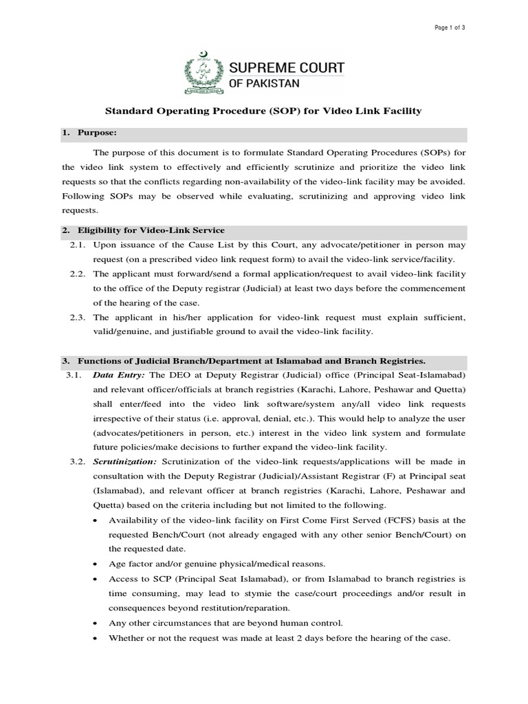 Standard Operating Procedure (SOP) For Video Link Facility: 1. Purpose ...
