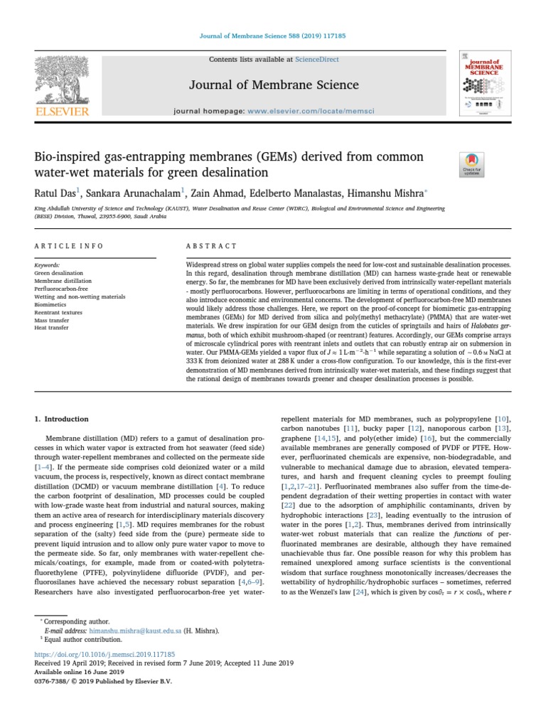 Journal of Membrane Science: Sciencedirect | PDF | Membrane | Wetting