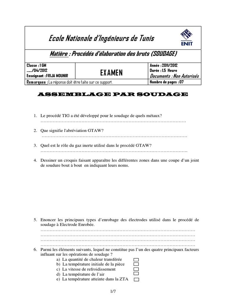 Examen Principal Soudage 2012mod | PDF | Soudage | Construction