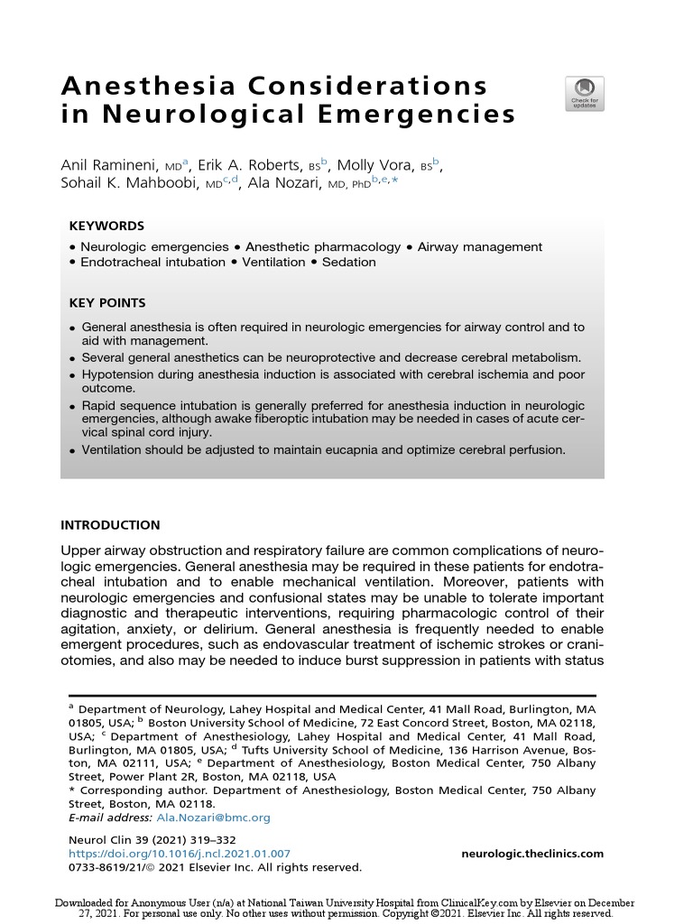 Anesthesia Considerations in Neurological Emergencies (2021) | PDF ...