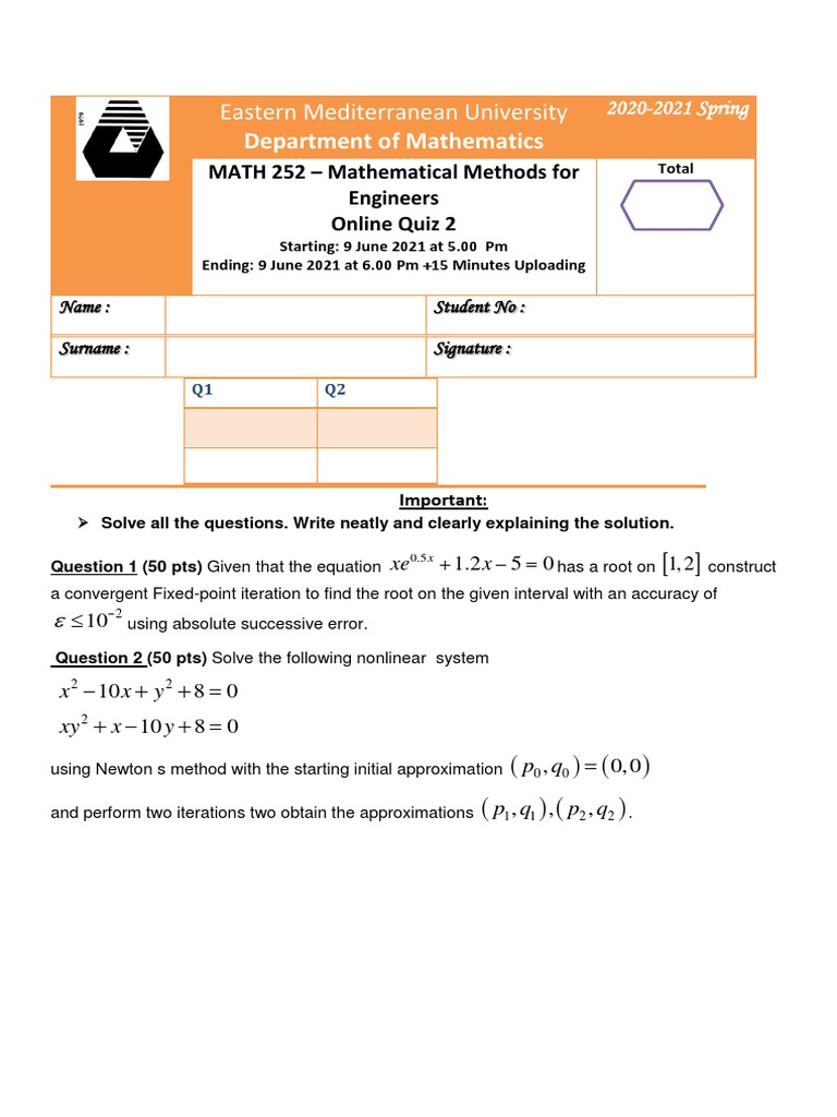 Math 252 - Spring2020-2021 Quiz 2 | PDF