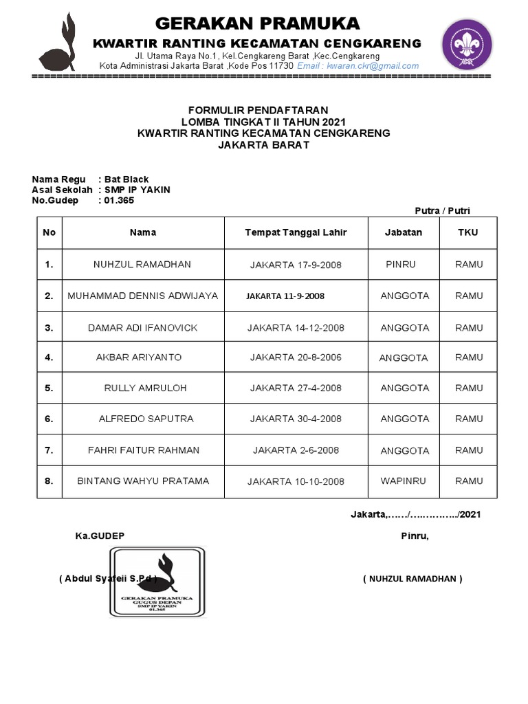 Formulir Pendaftaraan Regu Putra | PDF