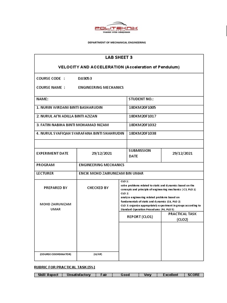 Lab Sheet 3: VELOCITY AND ACCELERATION (Acceleration of Pendulum) | PDF ...