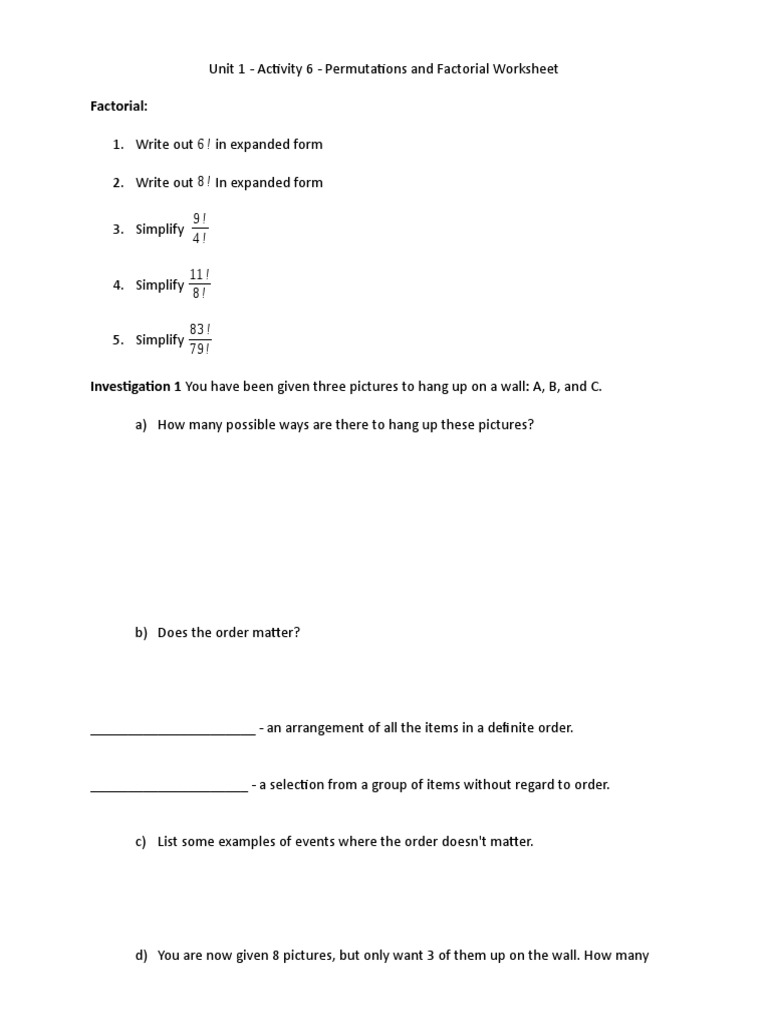 Permutations & Factorials Worksheet | PDF | Mathematics | Combinatorics