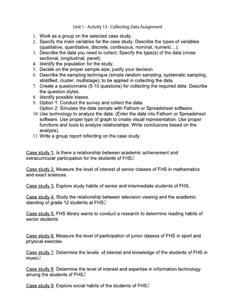 Unit 1 - Activity 13 - Collecting Data Assignment | PDF | Sampling ...