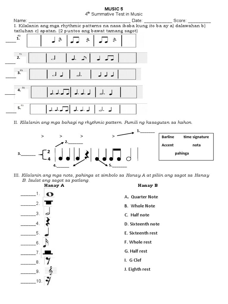4th Summative Test in Music 5 Modules 6-8 | PDF