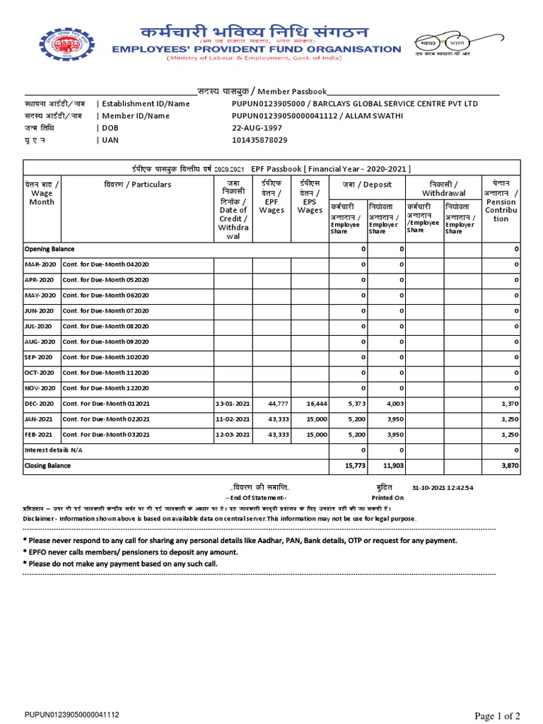 EPF Passbook Summary | PDF | Pension | Employee Benefits