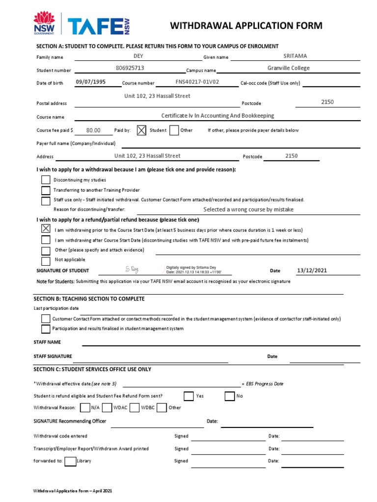 Withdrawal Application Form: DEY Sritama | PDF | Apprenticeship ...