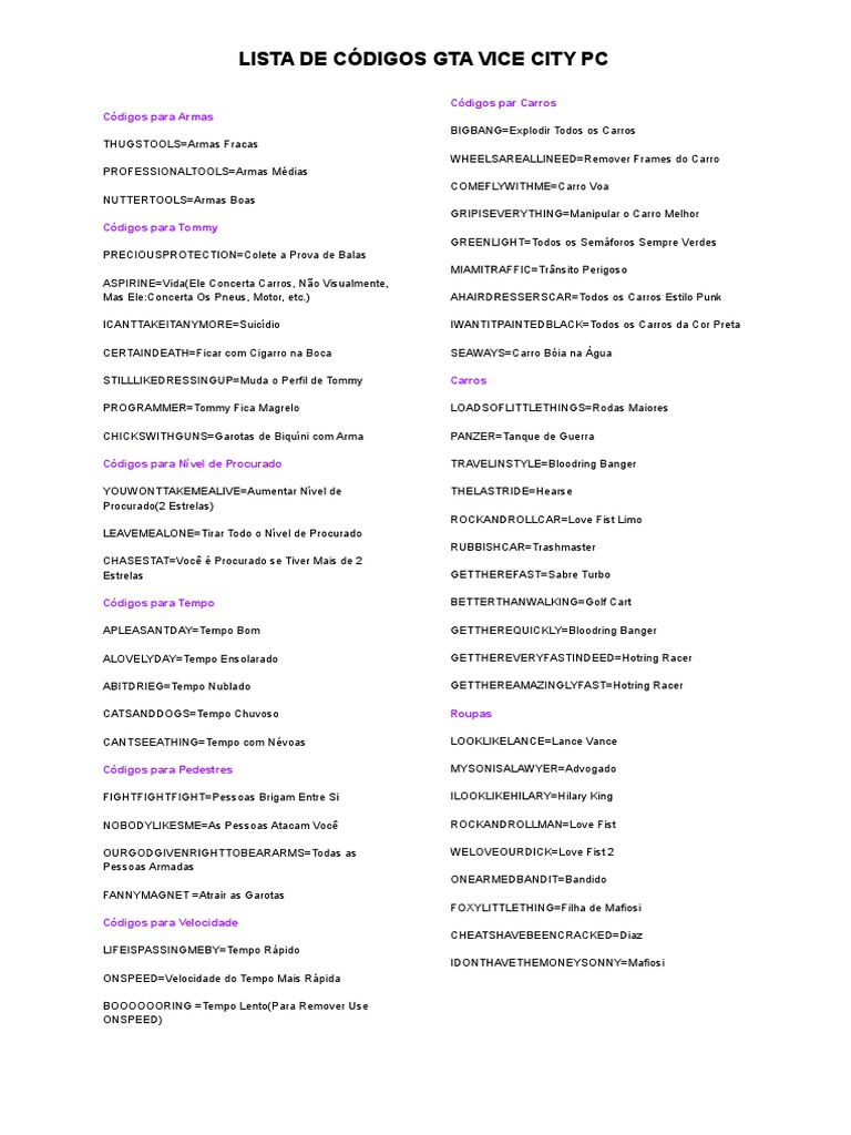 Lista de Códigos Gta Vice City PC | PDF