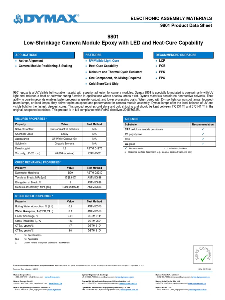 9801 Low-Shrinkage Camera Module Epoxy With LED and Heat-Cure Capability | PDF | Ultraviolet | Epoxy