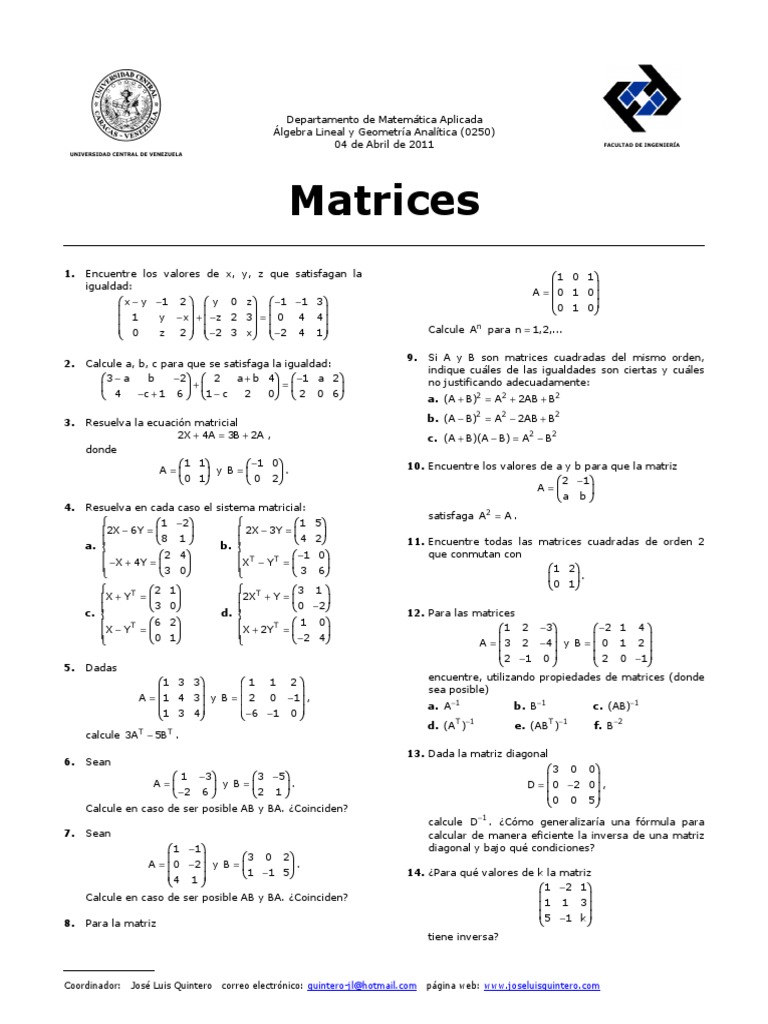 Matrices Ucv | PDF | Matriz (Matemáticas) | Teoría de la matriz