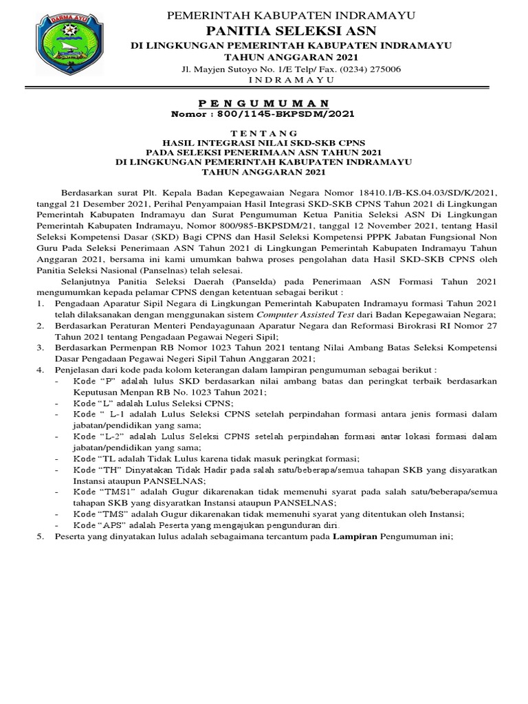 Pengumuman Hasil Integrasi SKD SKB CPNS 2021 Beserta Lampiran | PDF