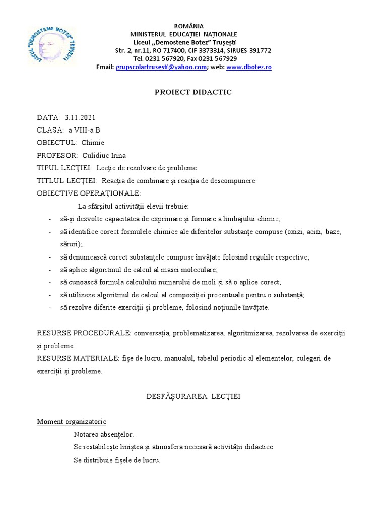 Reactia de Combinare Descompunere Proiect Didactic | PDF