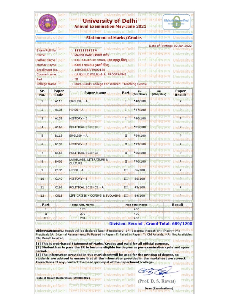University of Delhi: Annual Examination May-June 2021 Statement of ...