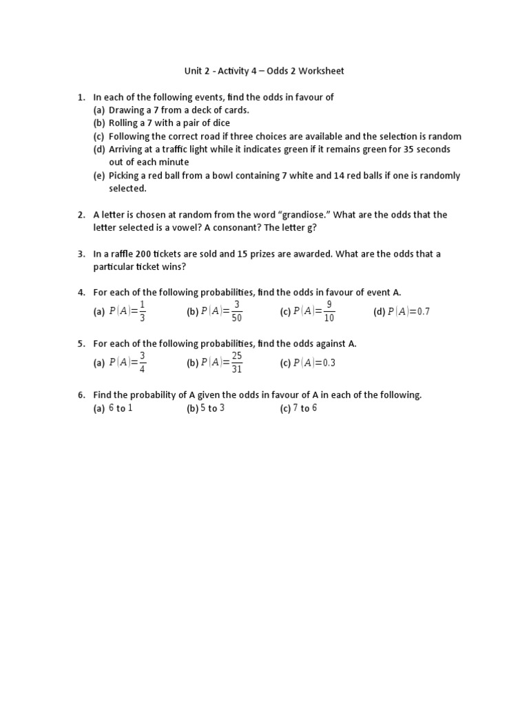 Unit 2 - Activity 4 - Odds 2 Worksheet | PDF