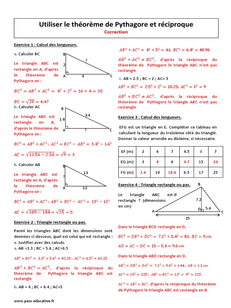 Correction Utiliser Le Théorème de Pythagore Et Réciproque 4ème Exercices À Imprimer | PDF ...