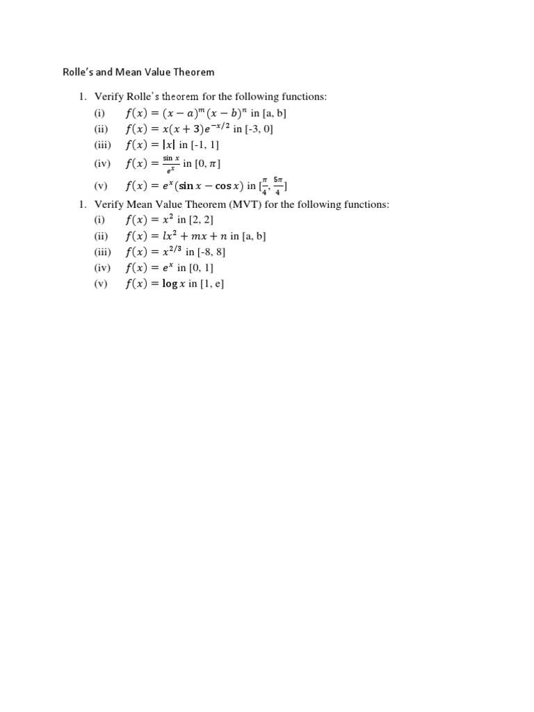 Exercise Math 1103 - Rolle's and Mean Value Theorem | PDF
