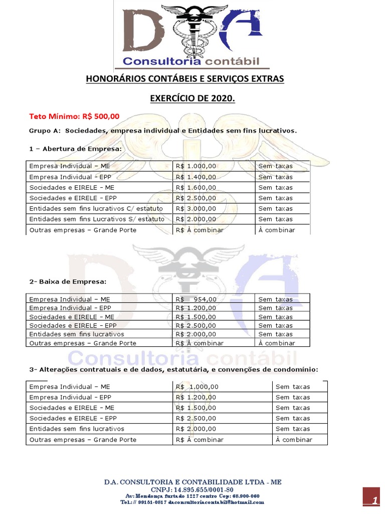 Tabela de honorários contábeis e serviços extras para o exercício de ...
