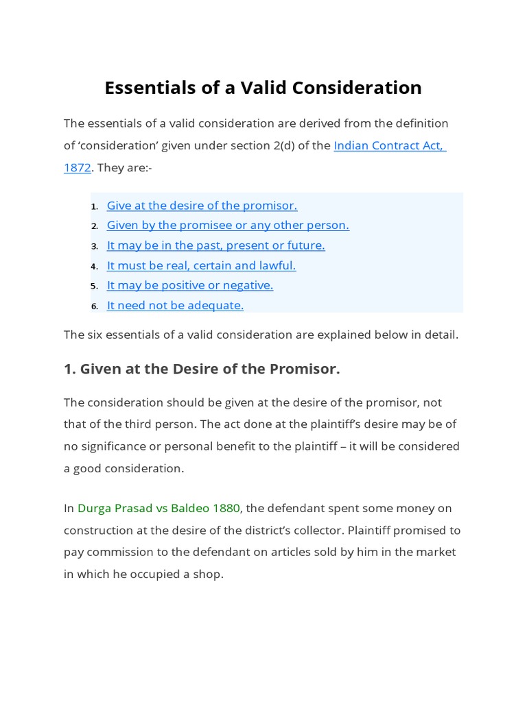 Essentials of A Valid Consideration | PDF | Consideration | Common Law