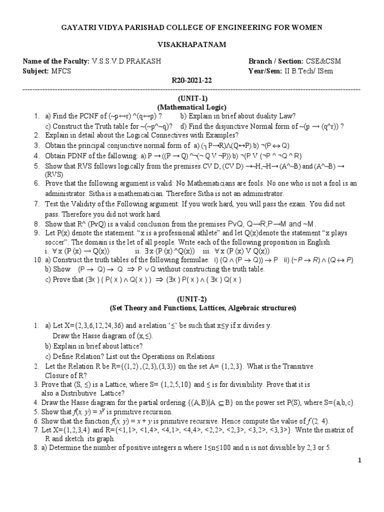 MFCS Course Content for CSE&CSM | PDF | Argument | Group (Mathematics)