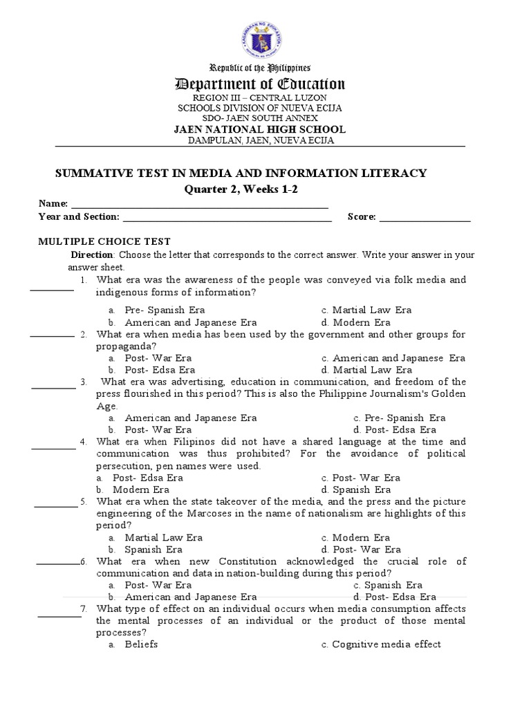 Summative Test in Media and Information Literary | PDF | Attitude ...