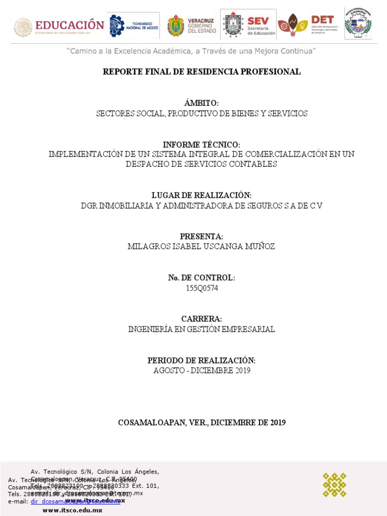 Portada Informe Tecnico de Residencia Profesional | PDF
