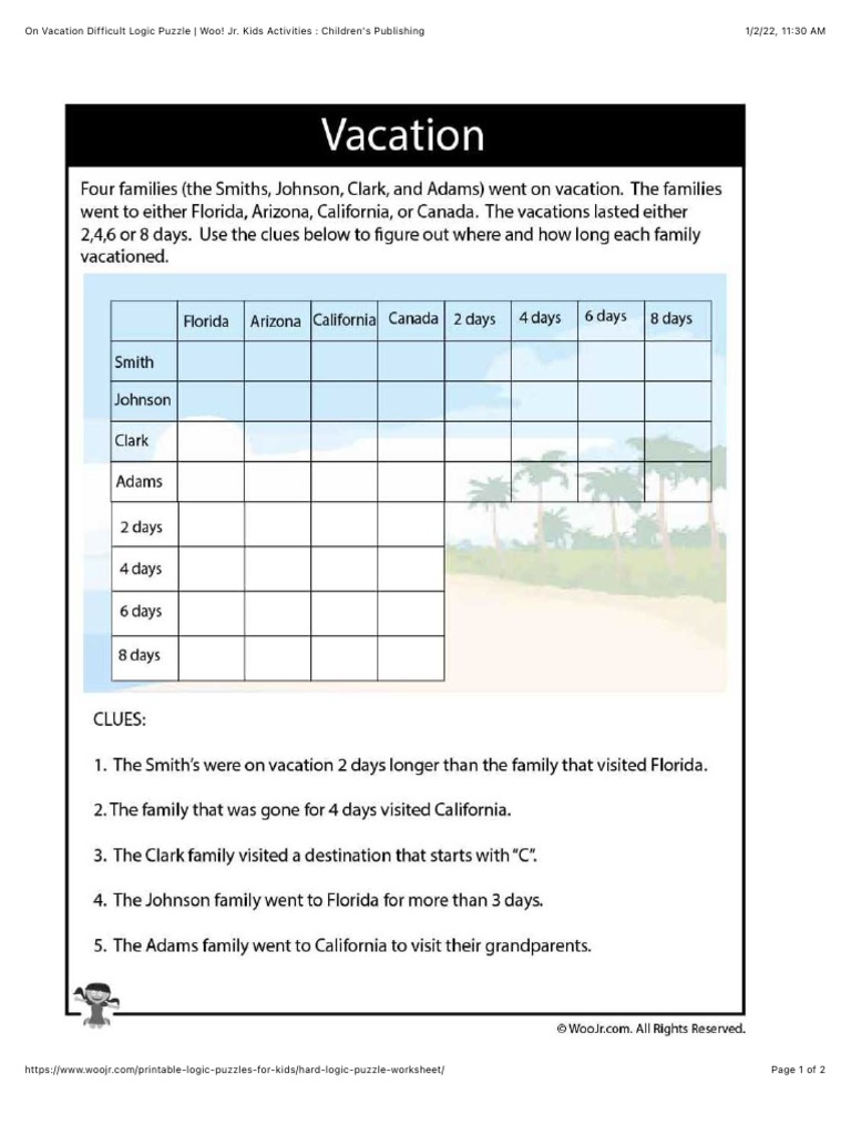 On Vacation Logic Puzzle for Kids | PDF