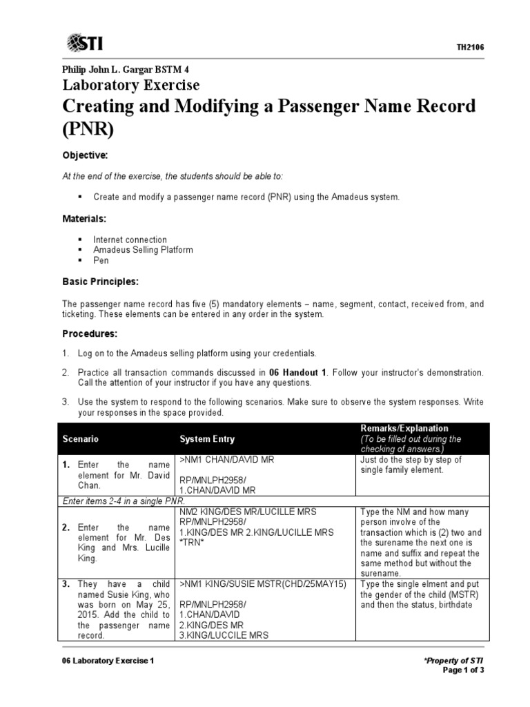 Creating and Modifying A Passenger Name Record (PNR) : Laboratory ...