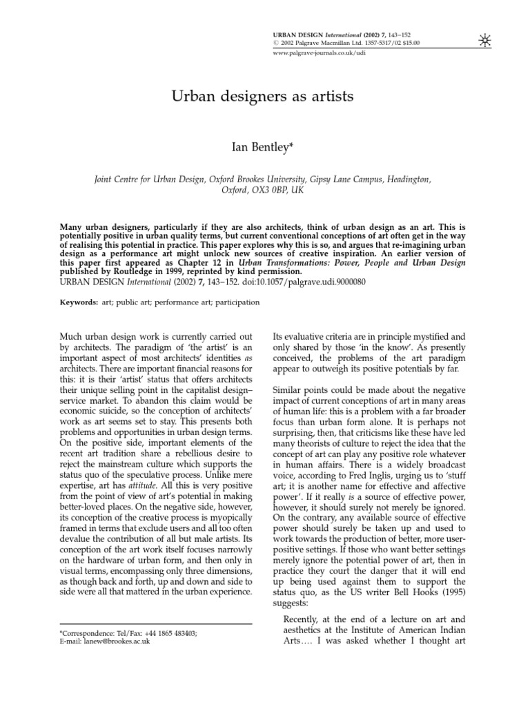 Ian Bentley - Urban Designers As Artists | PDF | Design | Urban Design
