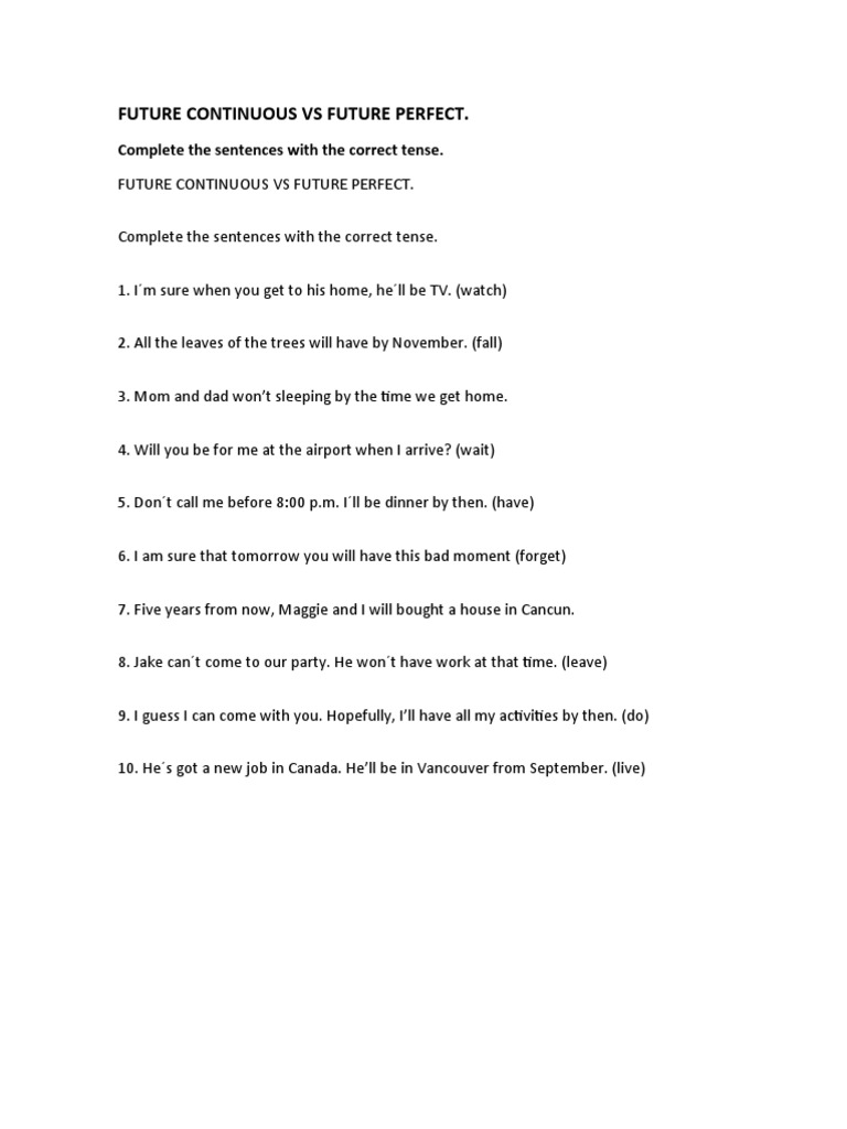 Future Continuous Vs Future Perfect Exercise. | PDF