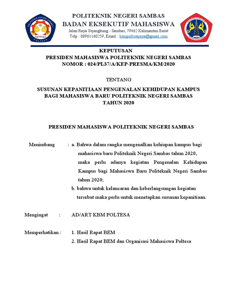 Susunan Panitia PKKMB 2020 Poltesa | PDF