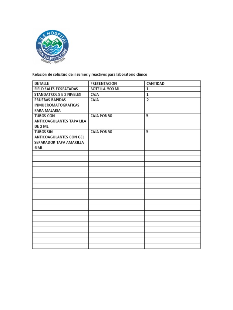 Relación de Solicitud de Insumos y Reactivos para Laboratorio Clínico | PDF