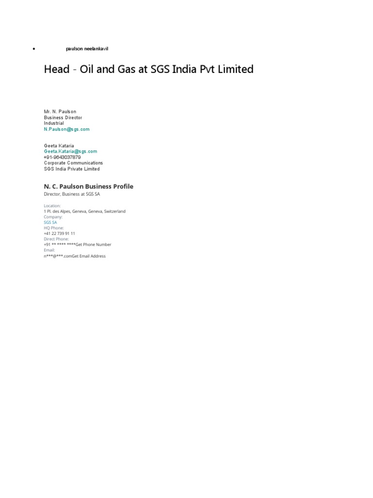Head - Oil and Gas at SGS India PVT Limited: N. C. Paulson Business ...