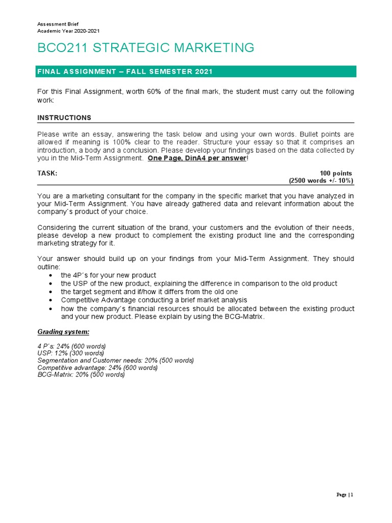 Bco211 Strategic Marketing: Final Assignment - Fall Semester 2021 | PDF ...