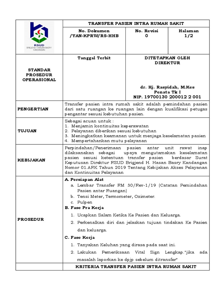 Spo Transfer Pasien Intra Rumah Sakit | PDF
